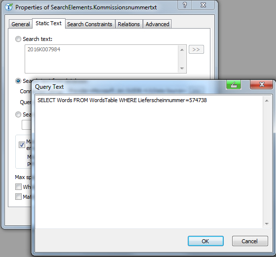Using text captured in another field in the search text from database ...